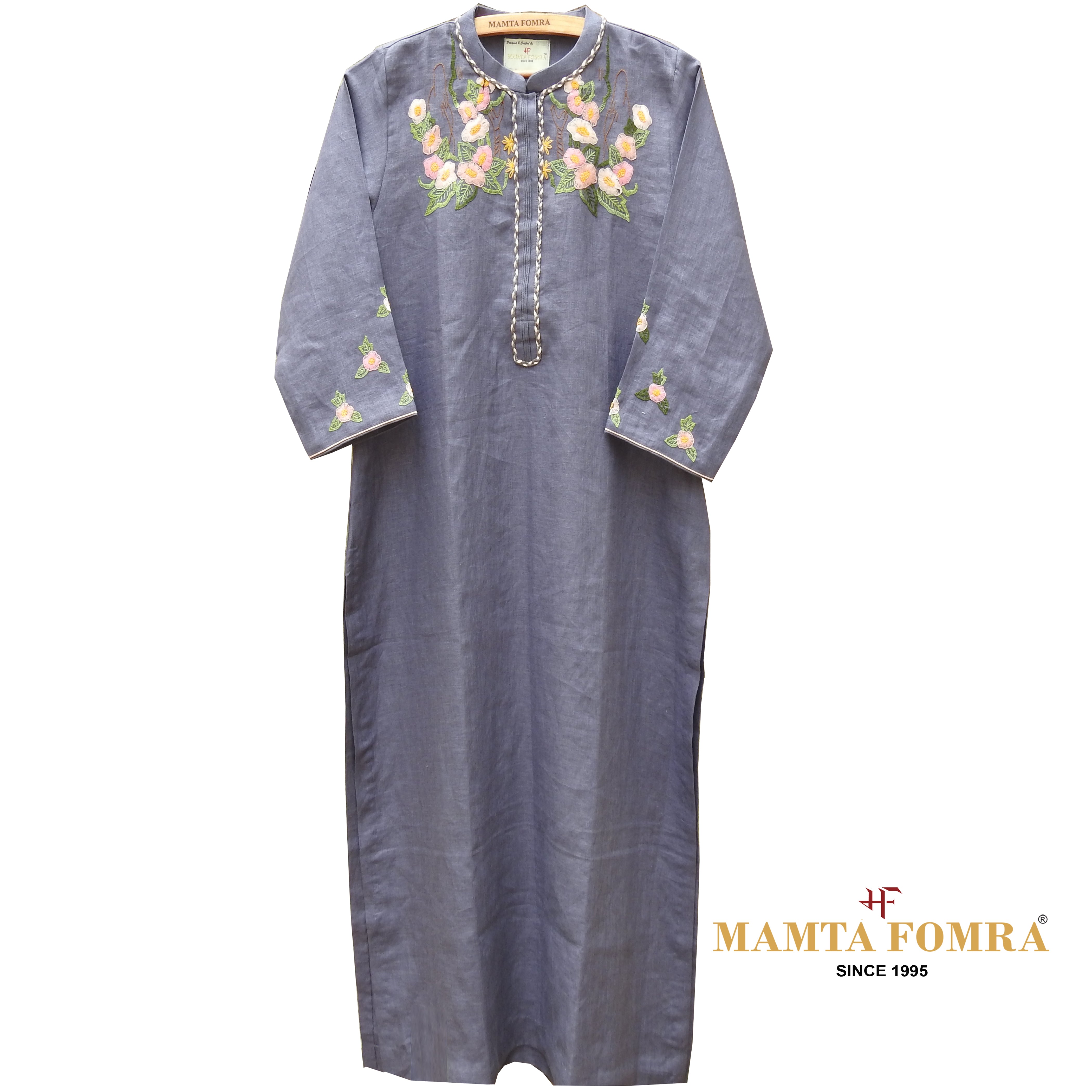 Blue Linen Hand Embroidered Kurta – MAMTA FOMRA