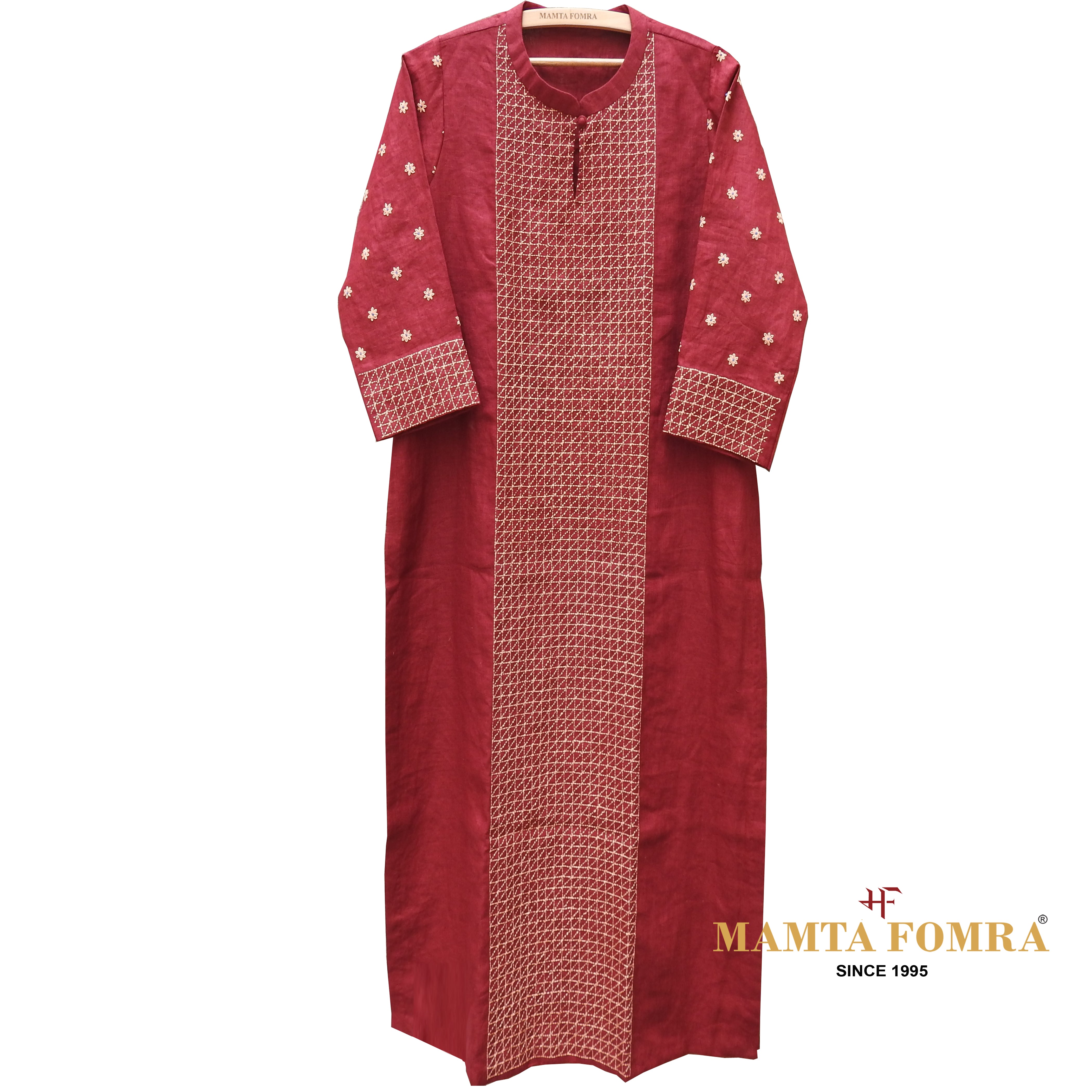 Red Linen Hand Embroidered Kurta – MAMTA FOMRA