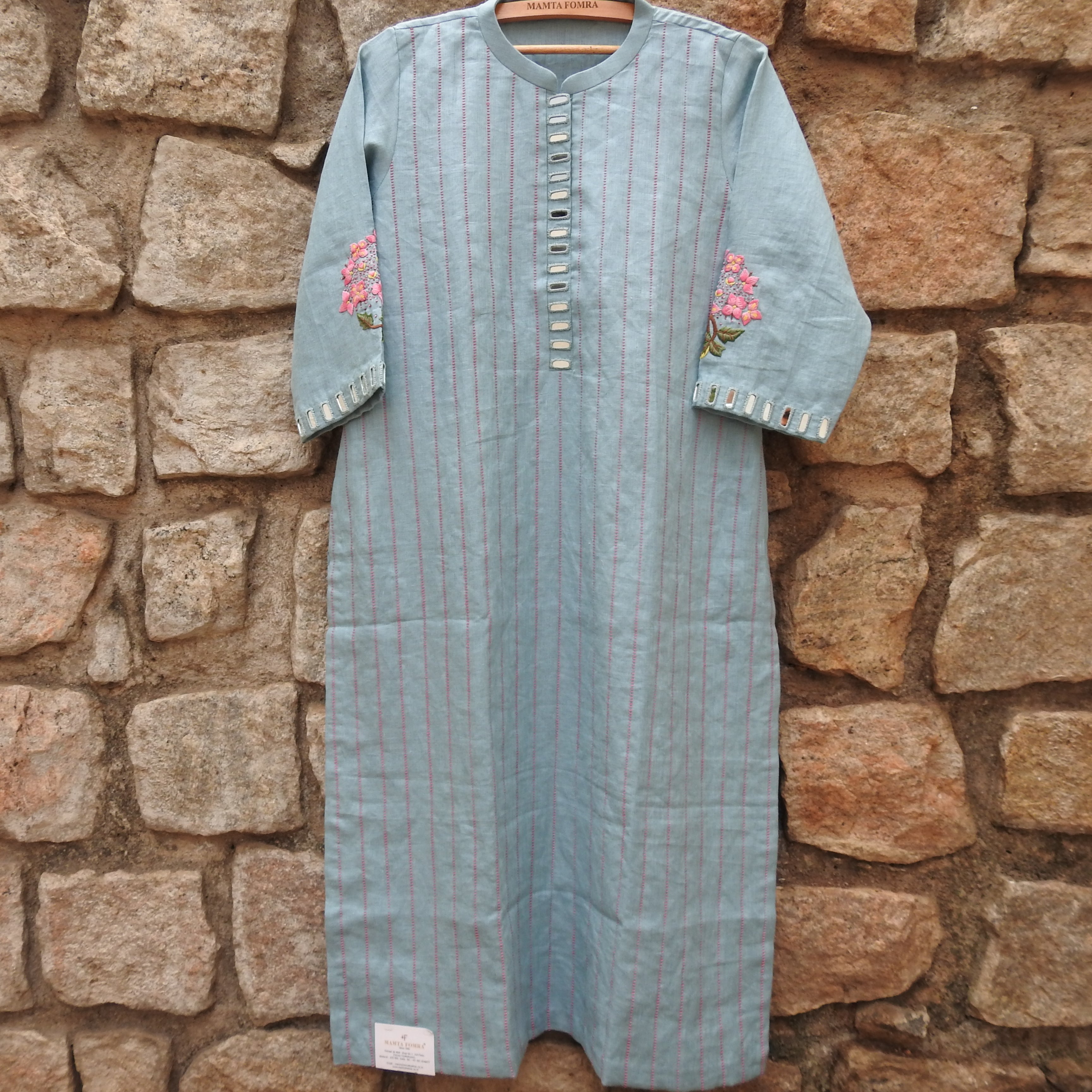 Baby Blue Kurta with Mirror Work & All Over Vertical Hand Embroidery ...